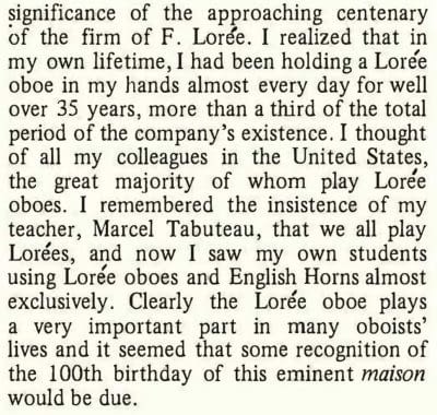 100 Years of F. Loreé: 1881-1981 – Marcel Tabuteau First-Hand